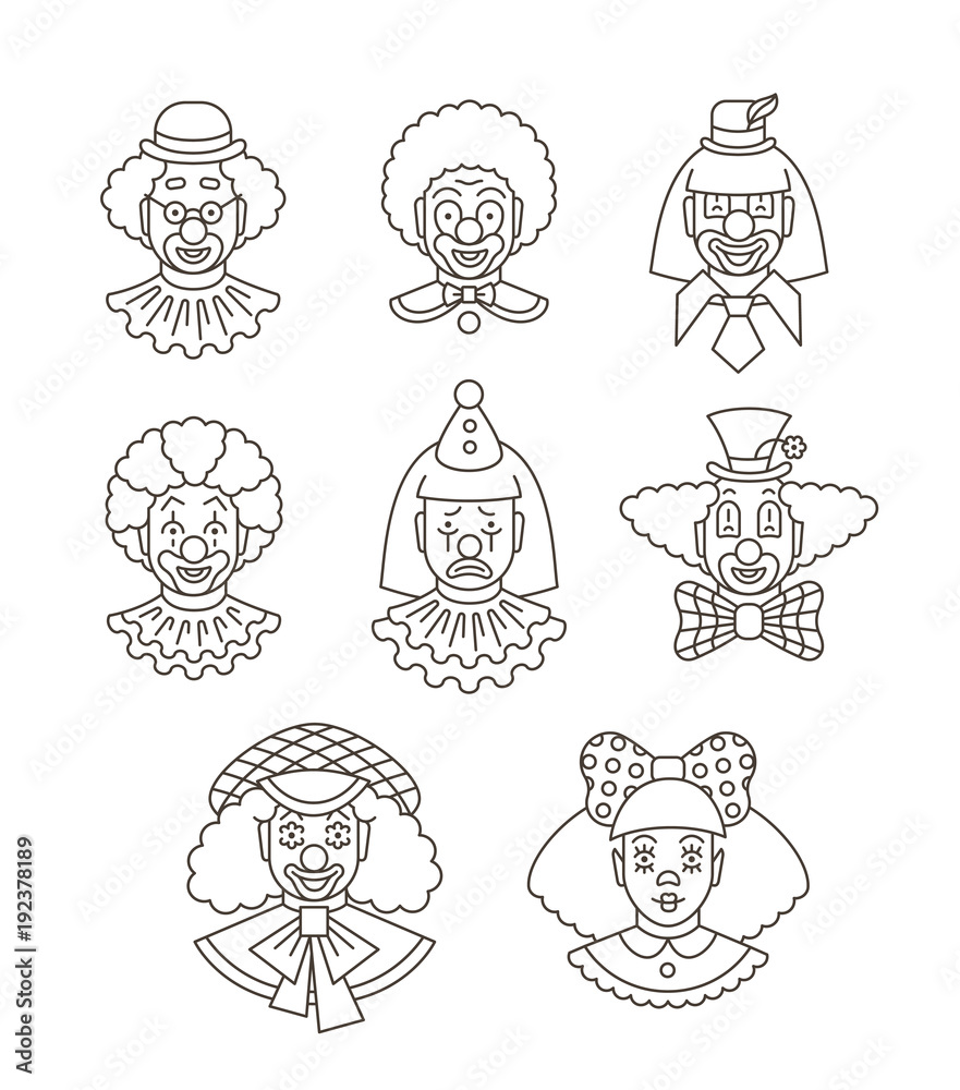 Clown faces different thin line avatars. Vector flat linear icons ...