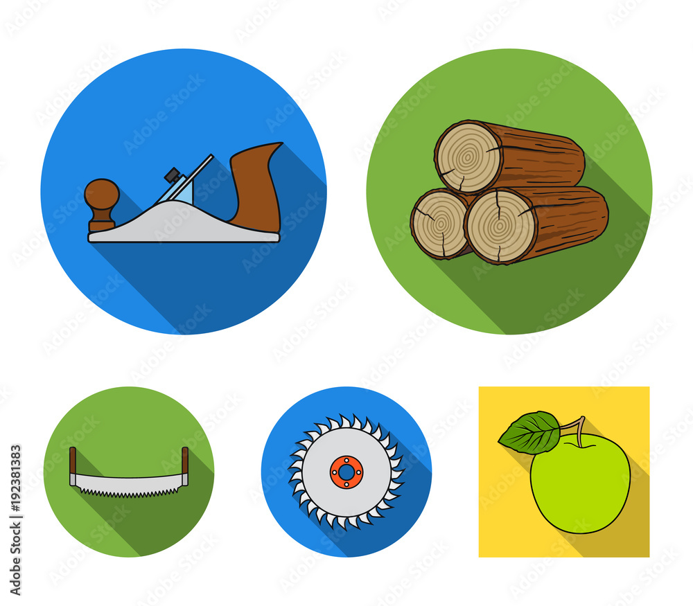 Logs in stacks, two-handed saws, circular saw. Sawmill and timber set ...