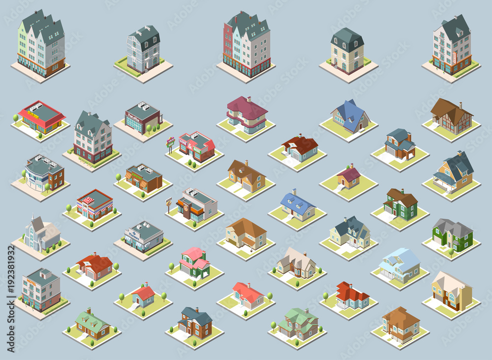 Vector isometric buildings set. Isolated on blue background. Stock ...