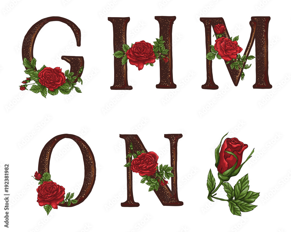 Red Roses letters. Hand draw. Vector alphabet Stock Vector | Adobe Stock