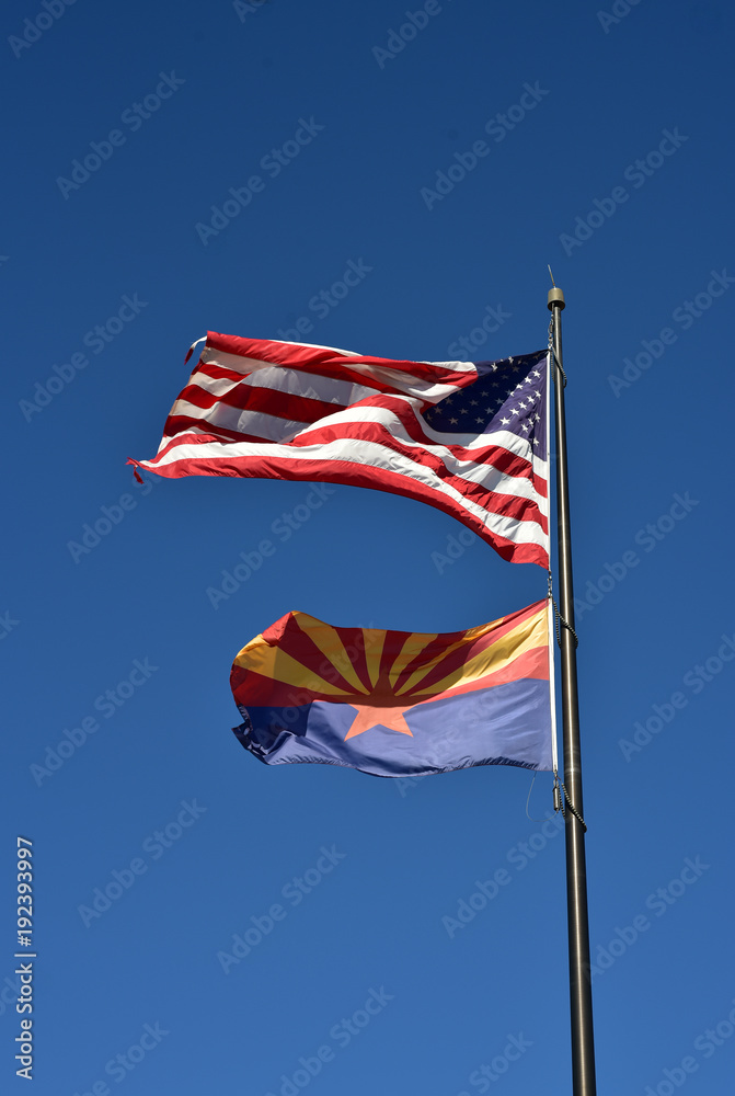USA flag and Arizona state flag flying on one flag pole Stock Photo ...