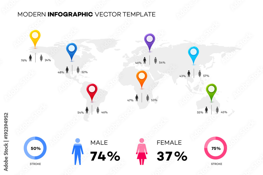 Modern Vector Template With Worldmap And Map Pointers For Global ...