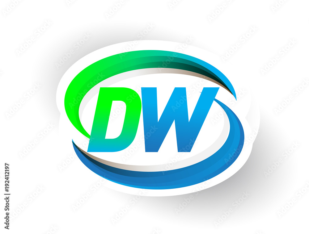 initial letter DW logotype company name colored blue and green swoosh ...