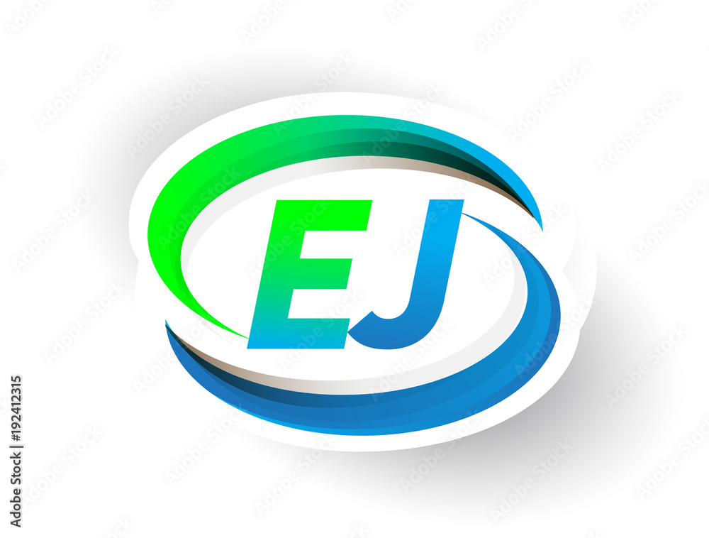 initial letter EJ logotype company name colored blue and green swoosh ...