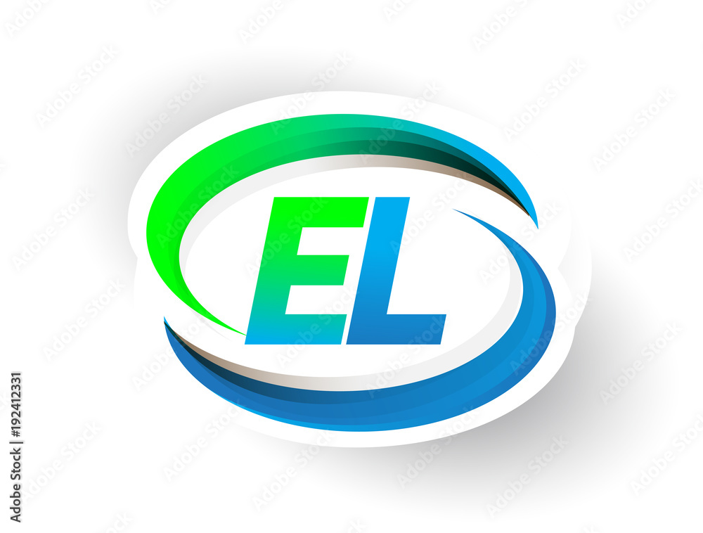 initial letter EL logotype company name colored blue and green swoosh ...