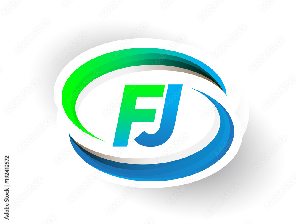 initial letter FJ logotype company name colored blue and green swoosh ...