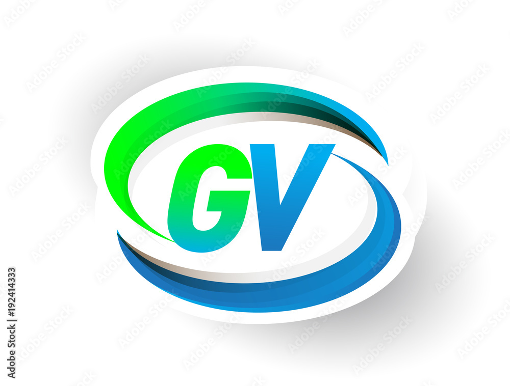 initial letter GV logotype company name colored blue and green swoosh ...