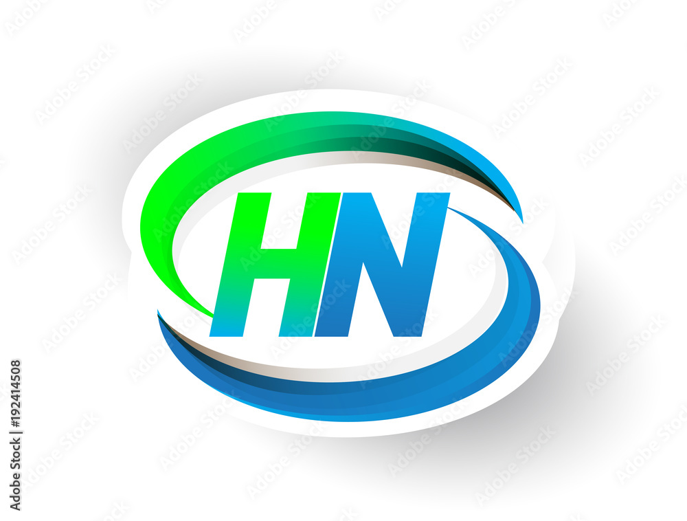 initial letter HN logotype company name colored blue and green swoosh ...