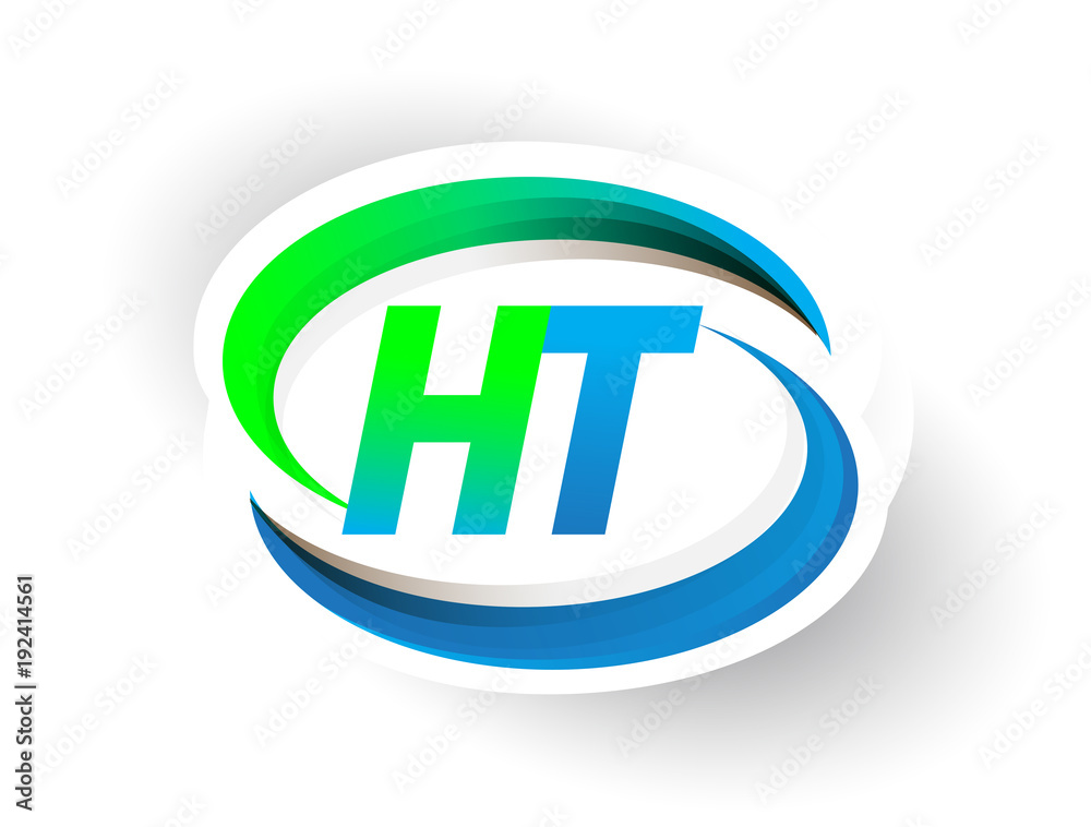 initial letter HT logotype company name colored blue and green swoosh ...