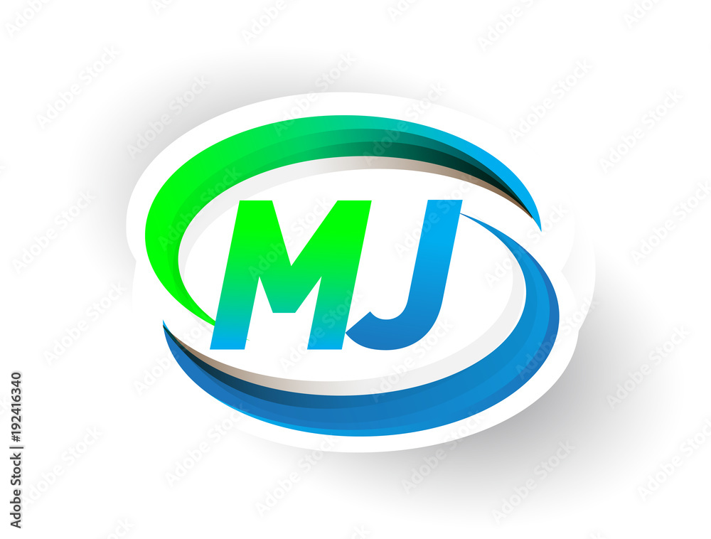 initial letter MJ logotype company name colored blue and green swoosh ...