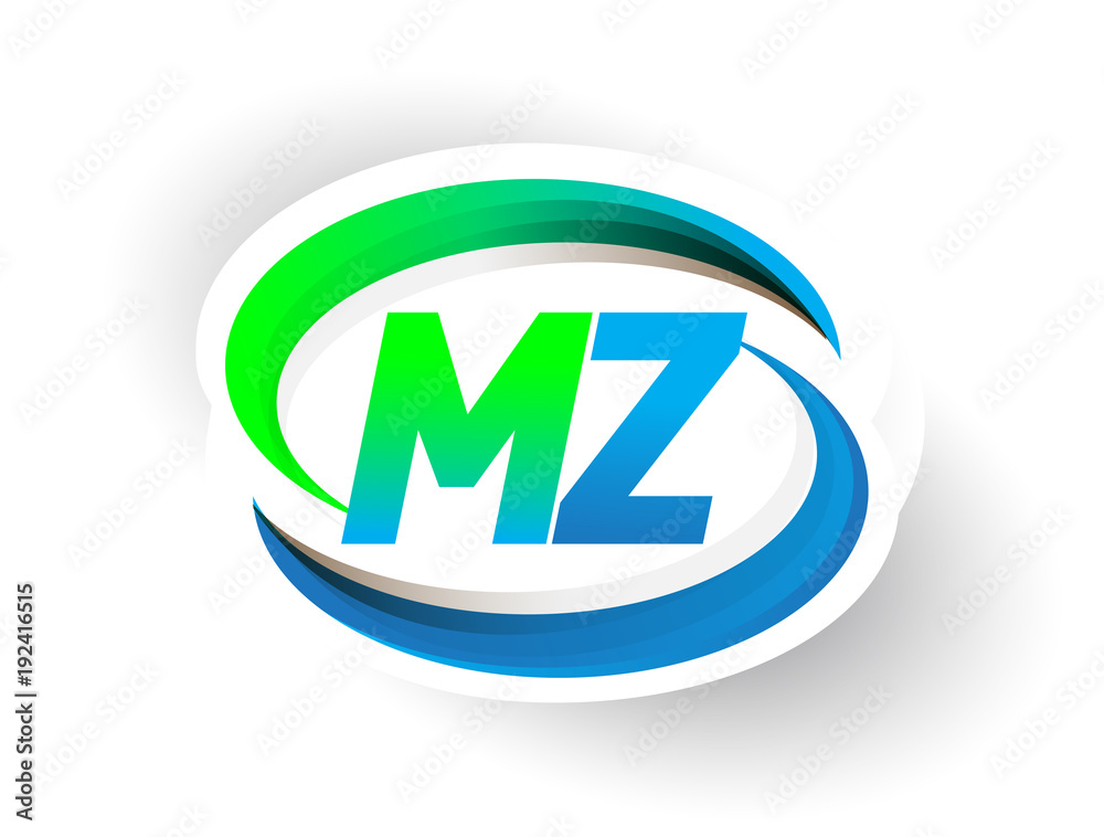initial letter MZ logotype company name colored blue and green swoosh ...