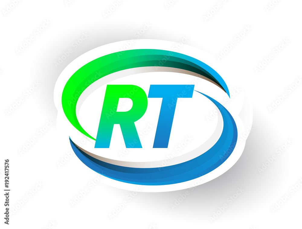 initial letter RT logotype company name colored blue and green swoosh ...
