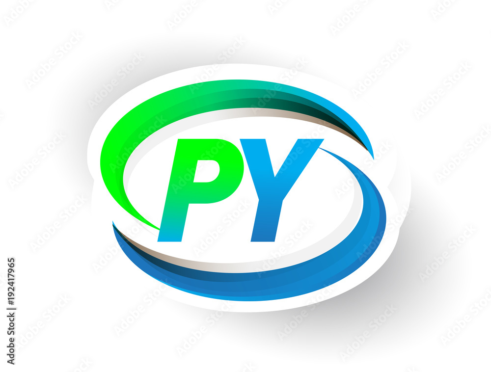 initial letter PY logotype company name colored blue and green swoosh ...