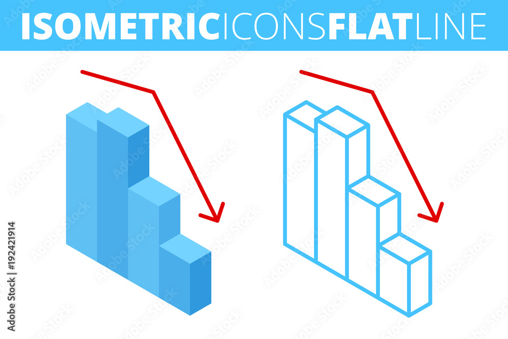 The fall graph. Isometric flat and outline icon set. Business decrease ...