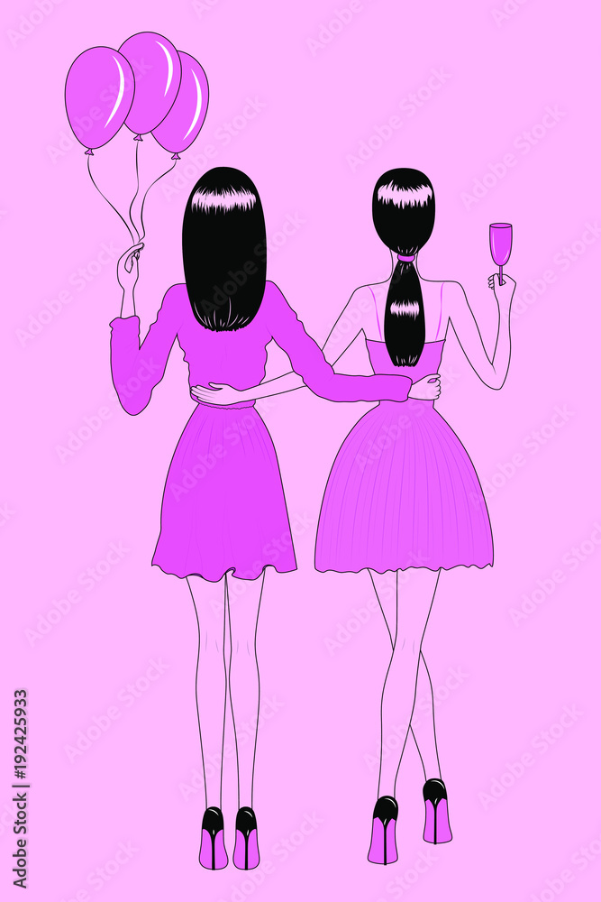 Fashion illustration. Girls at a party, two young beautiful women from ...