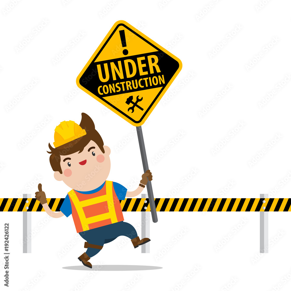 Cute Male Character Holding Under Construction Sign, Flat Vector ...