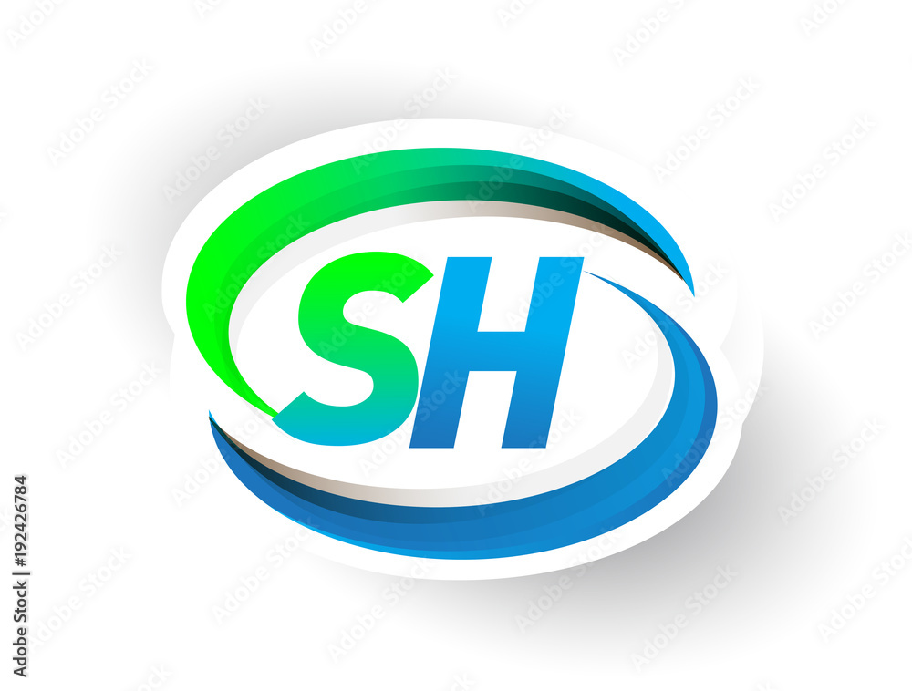 initial letter SH logotype company name colored blue and green swoosh ...