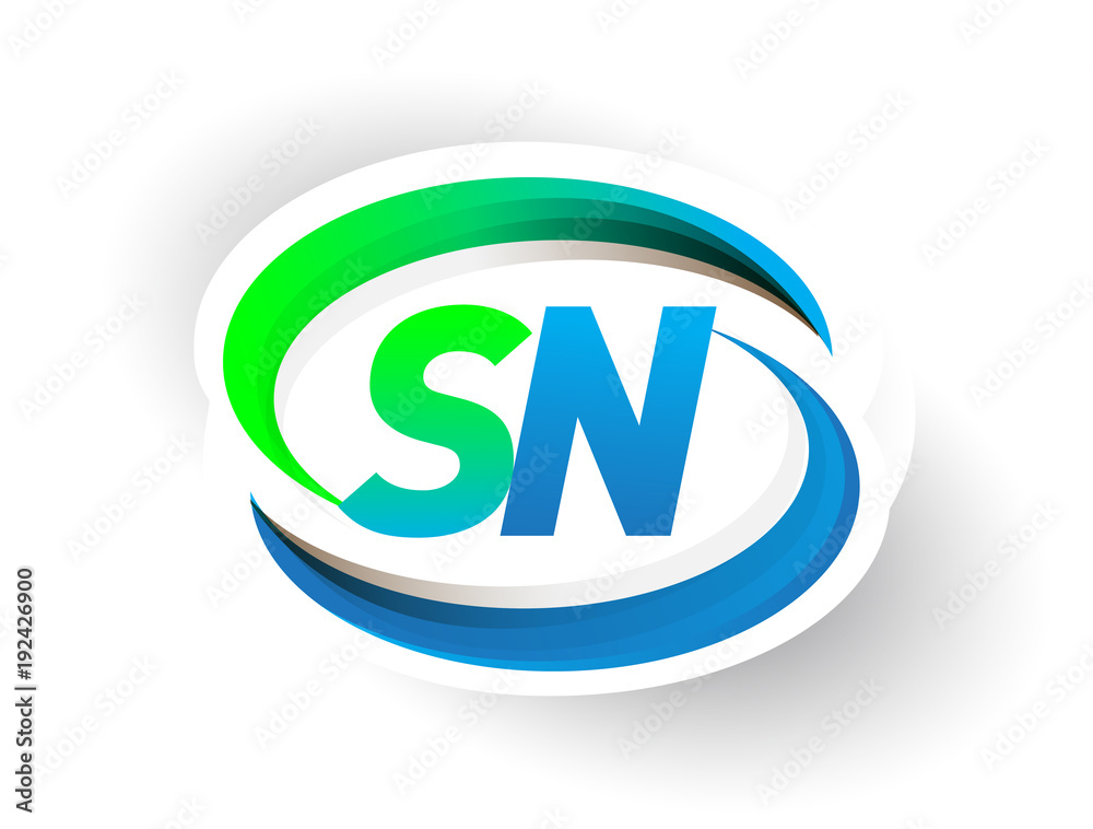 initial letter SN logotype company name colored blue and green swoosh ...
