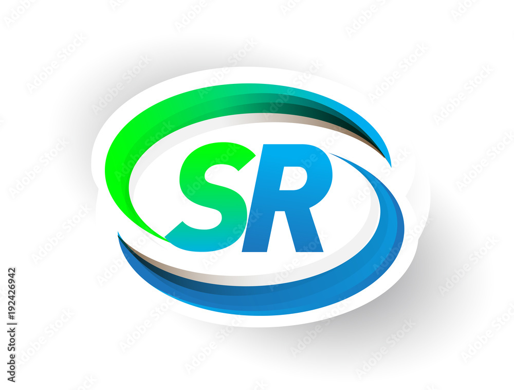 initial letter SR logotype company name colored blue and green swoosh ...