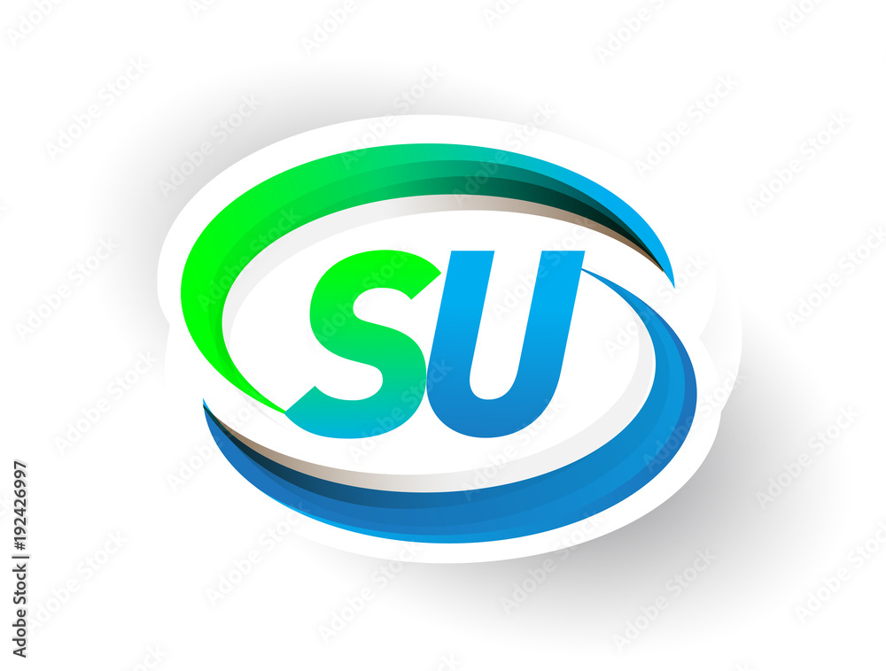 initial letter SU logotype company name colored blue and green swoosh ...