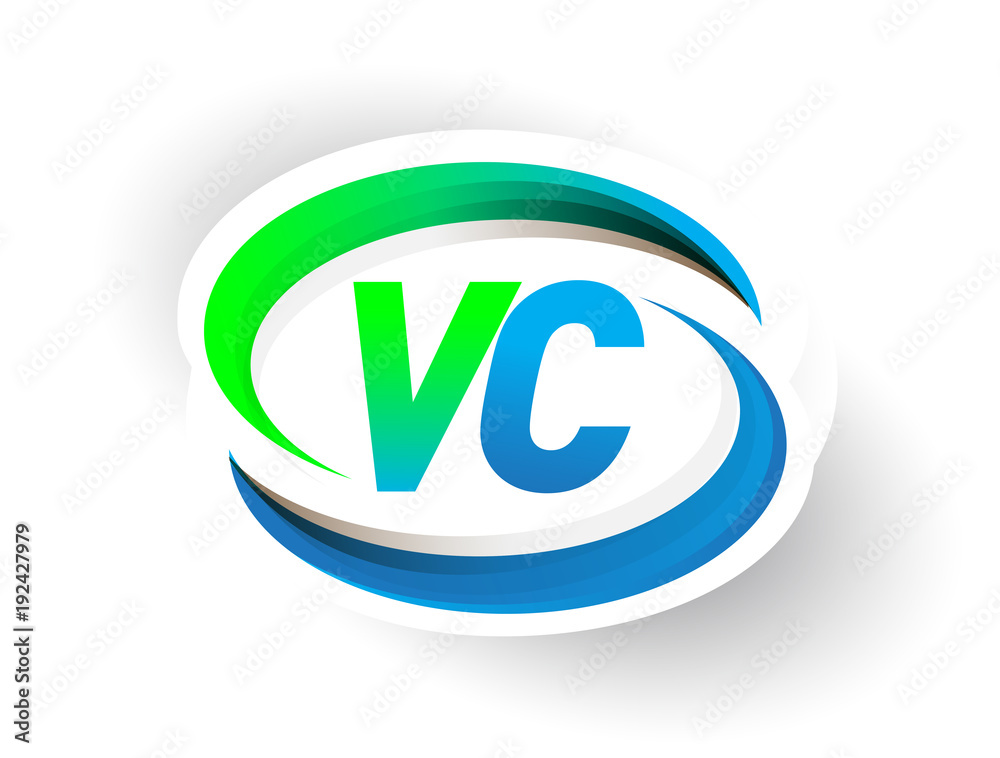 initial letter VC logotype company name colored blue and green swoosh ...