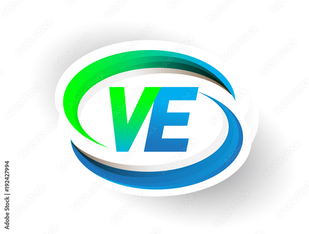 initial letter VE logotype company name colored blue and green swoosh ...