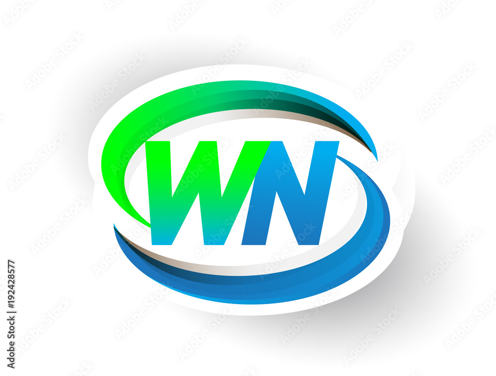 initial letter WN logotype company name colored blue and green swoosh ...