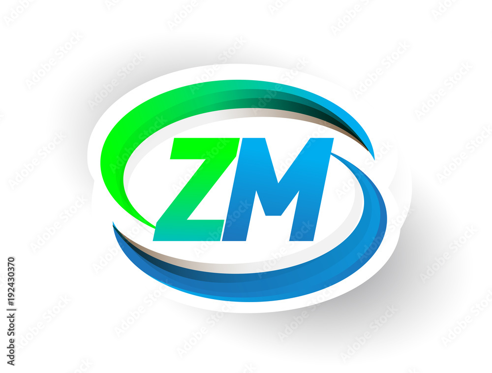 initial letter ZM logotype company name colored blue and green swoosh ...