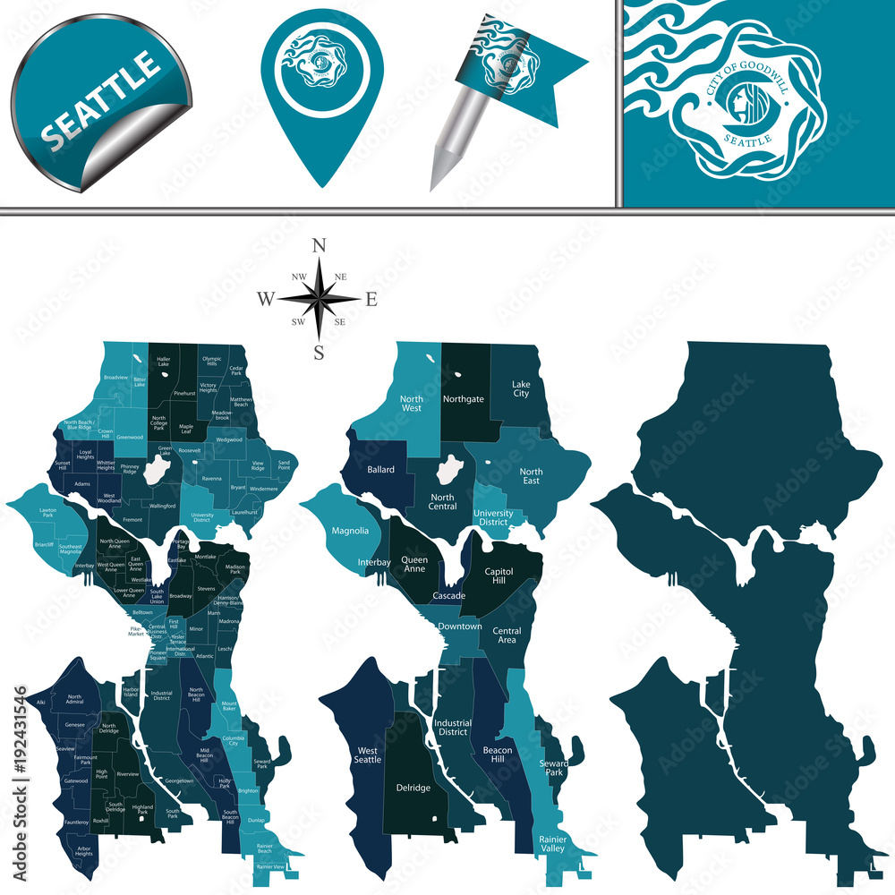 Map of Seattle with Districts Stock Vector | Adobe Stock