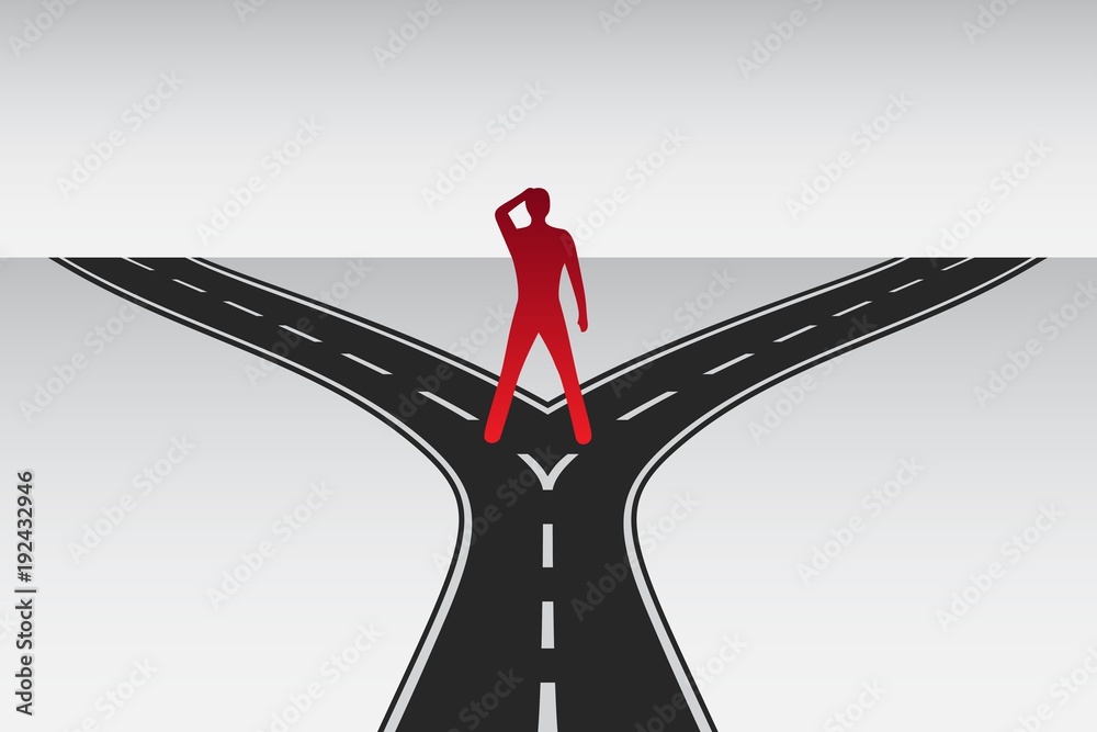 Man standing on the road junction. Decision making. Alternative ...