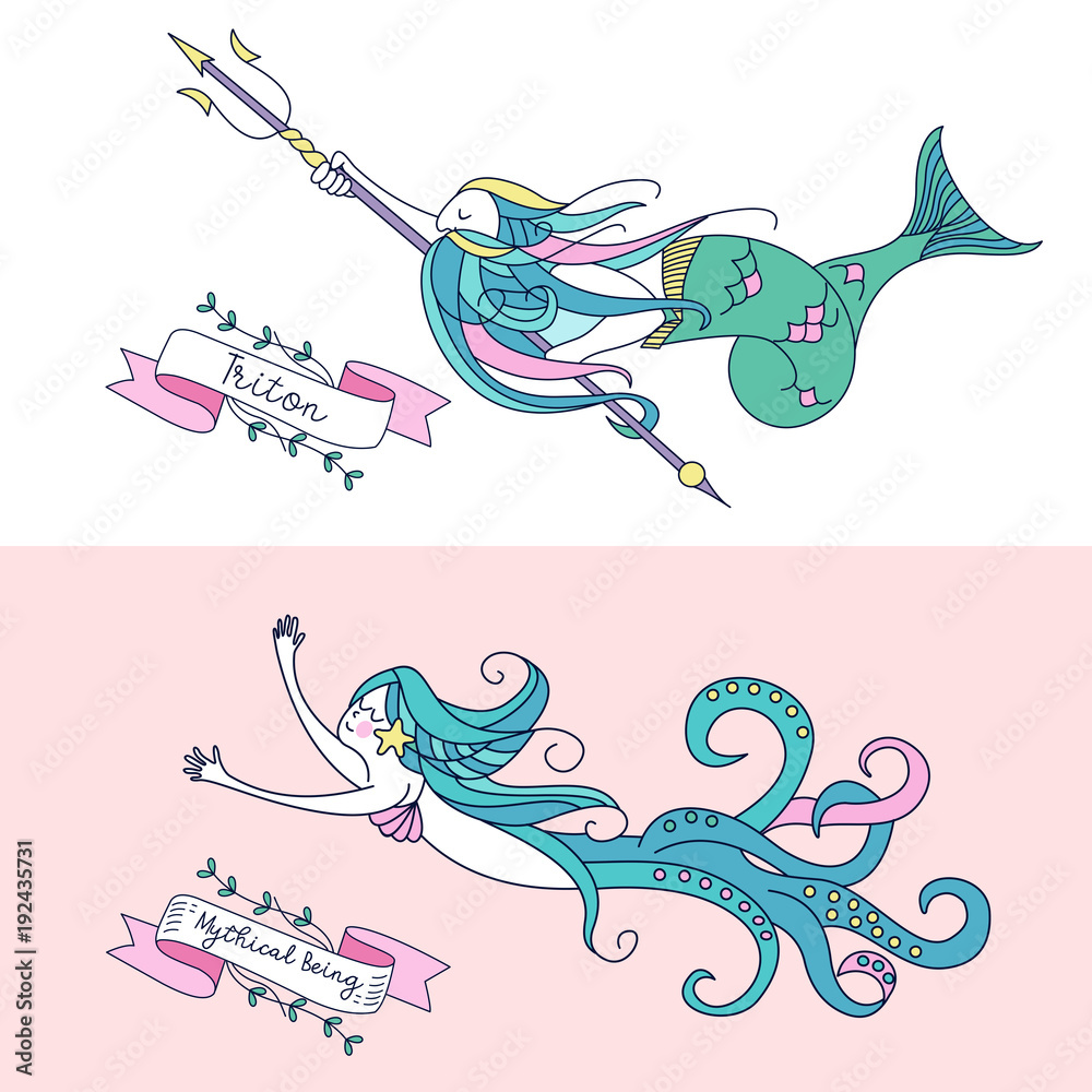 Mythological creature. Sea King Triton with the Trident. Sea fairy ...