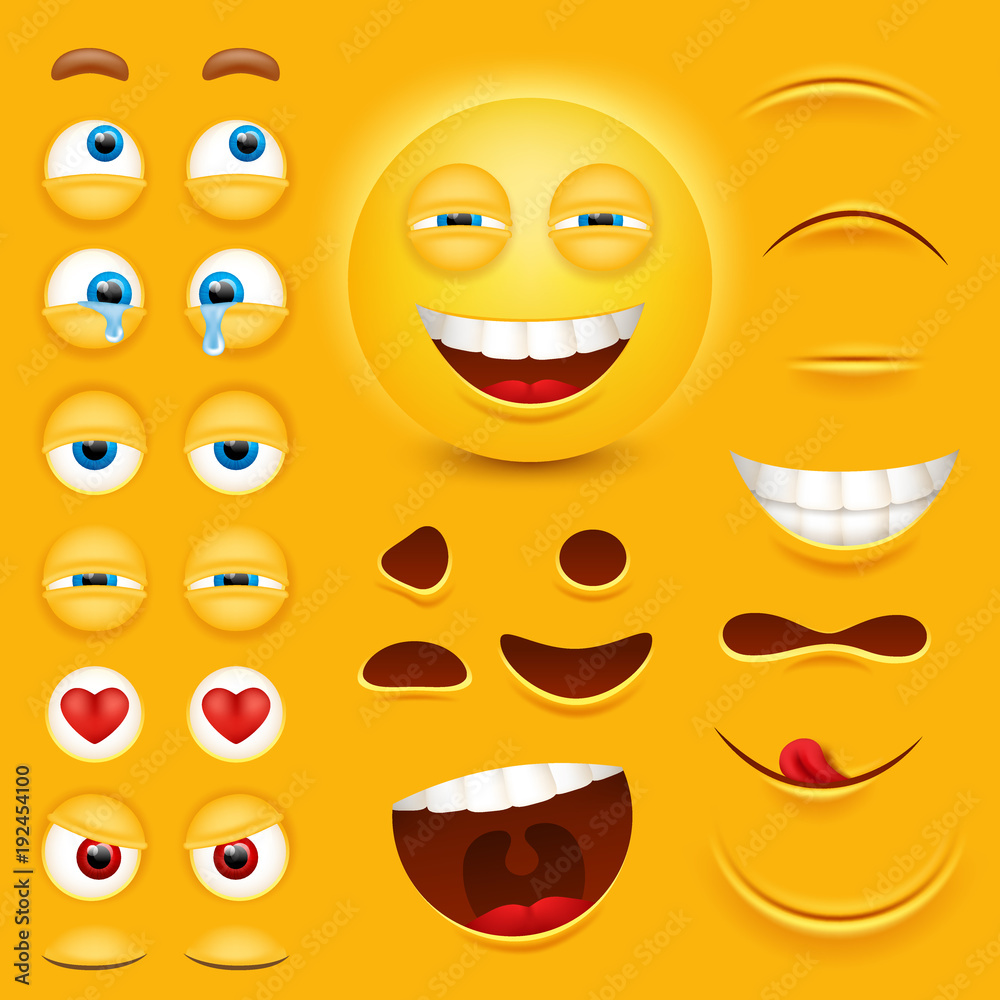 Cartoon yellow 3d smiley face vector character creation constructor ...
