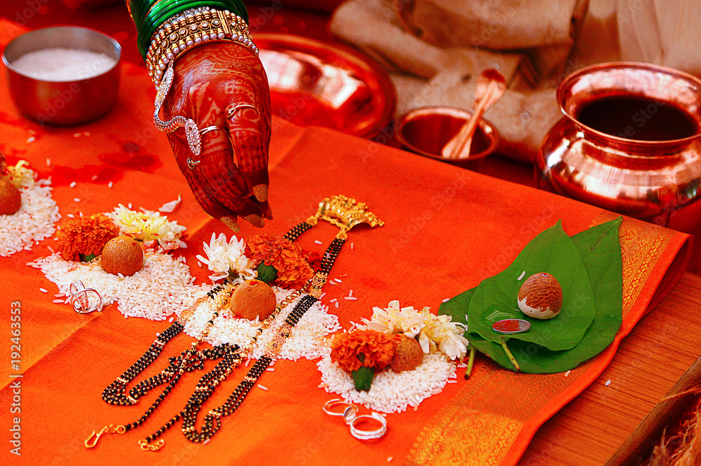 Mangalsutra poojan Indian symbol of Hindu marriage Stock Photo | Adobe ...