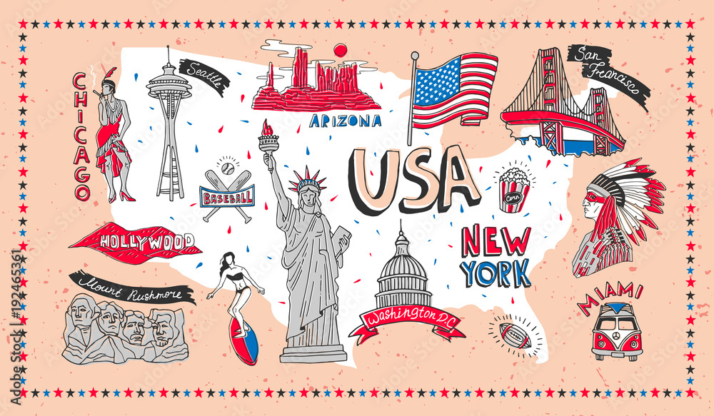 Illustrated symbol set with USA landmarks vector de Stock | Adobe Stock