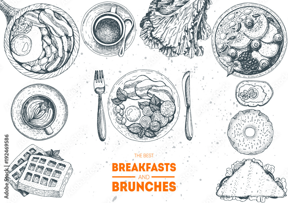 Breakfasts and brunches top view frame. Food menu design. Vintage hand ...