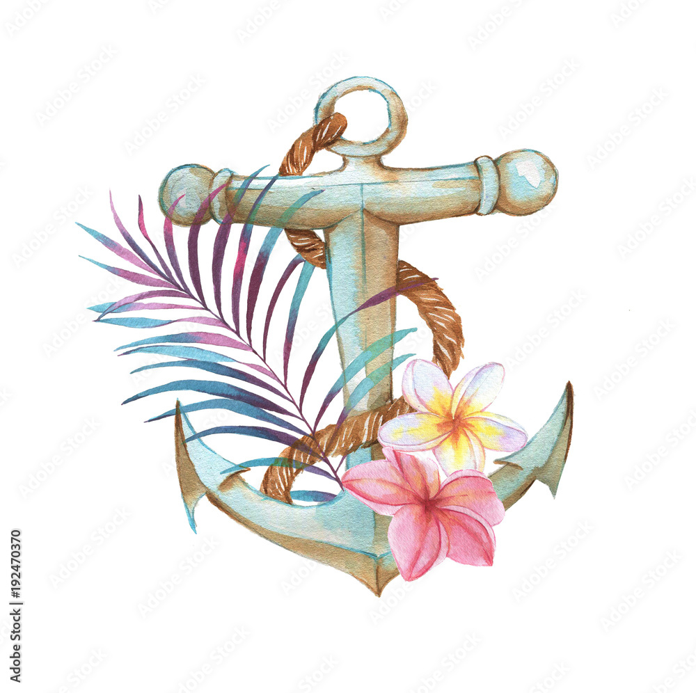 Hand-drawn watercolor illustration of the tropical objects. Set of ...