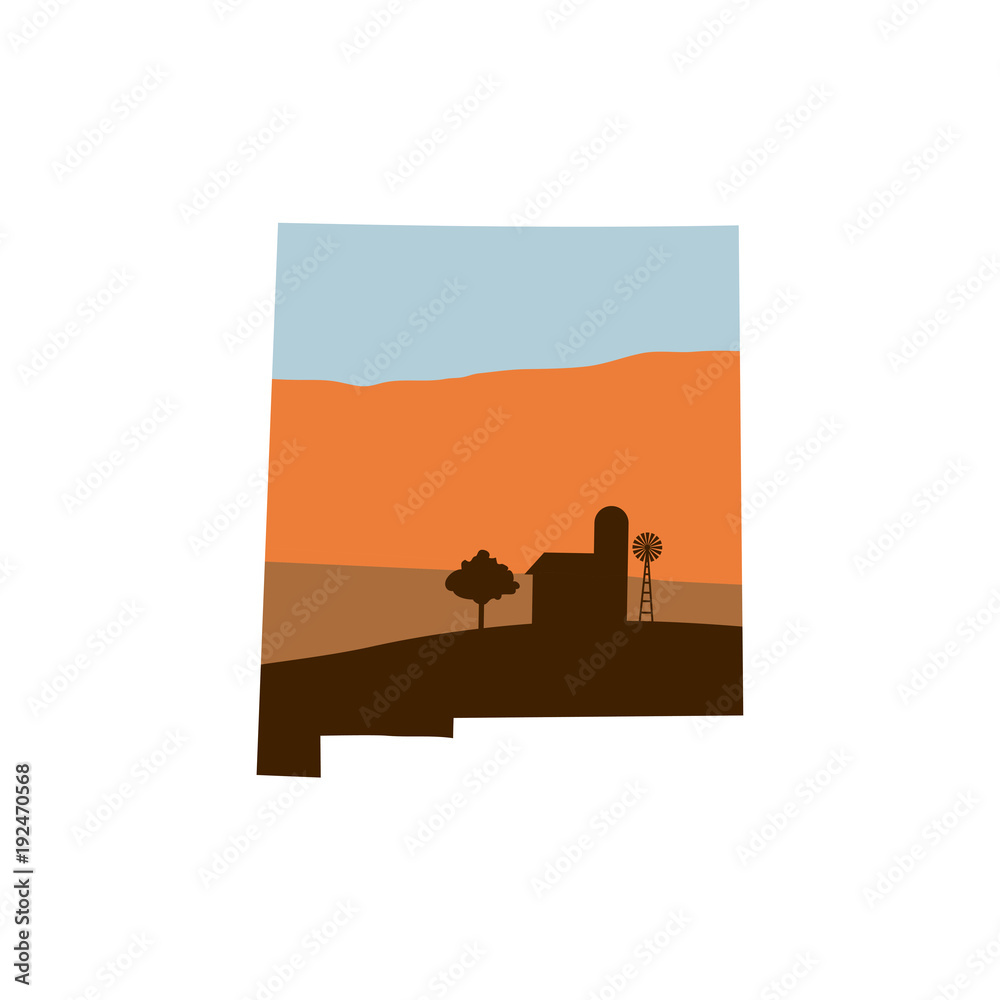 New Mexico State Shape with Farm at Sunset w Windmill, Barn, and a Tree ...
