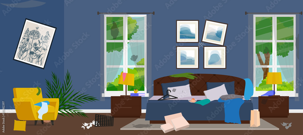 Dirty room. Disorder in the interior. Flat style vector illustration ...