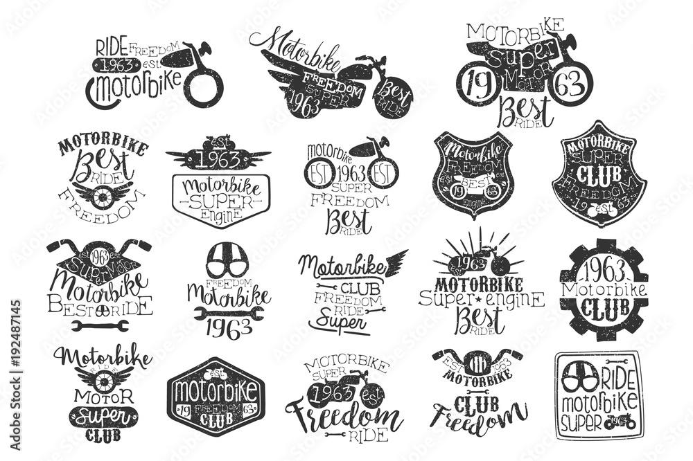 Hand drawn set of motorbike logos or stamps for biker club, repair ...