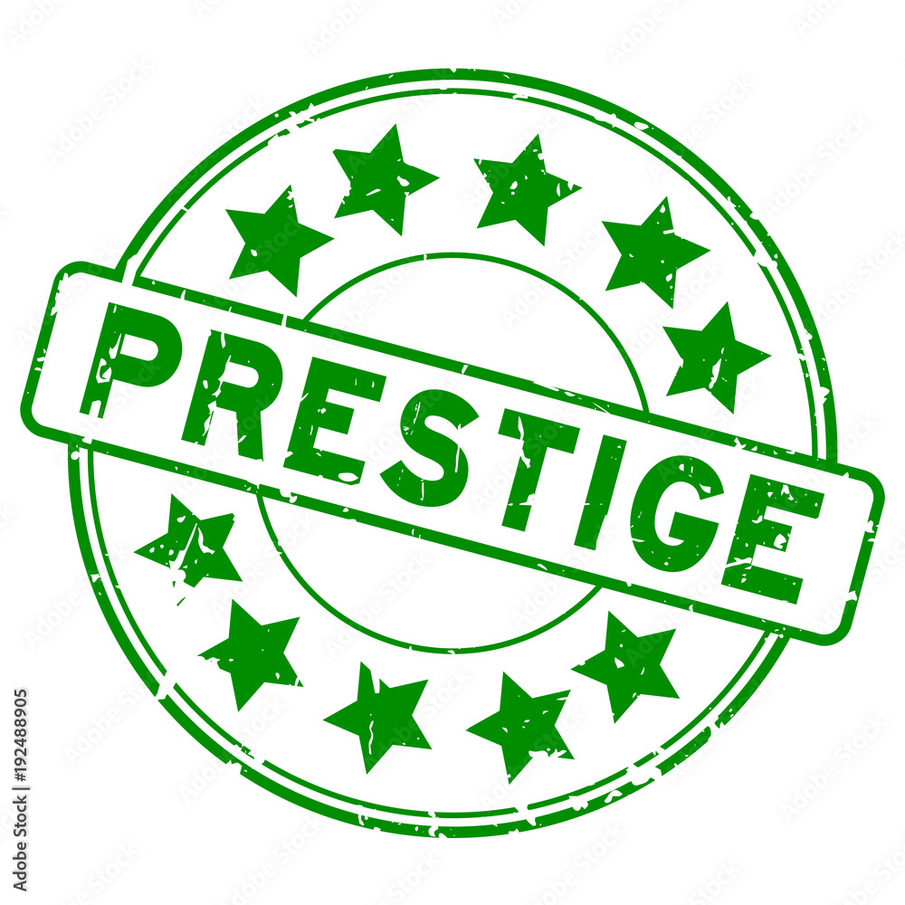 Grunge green prestige with star icon round rubber seal stamp on white ...