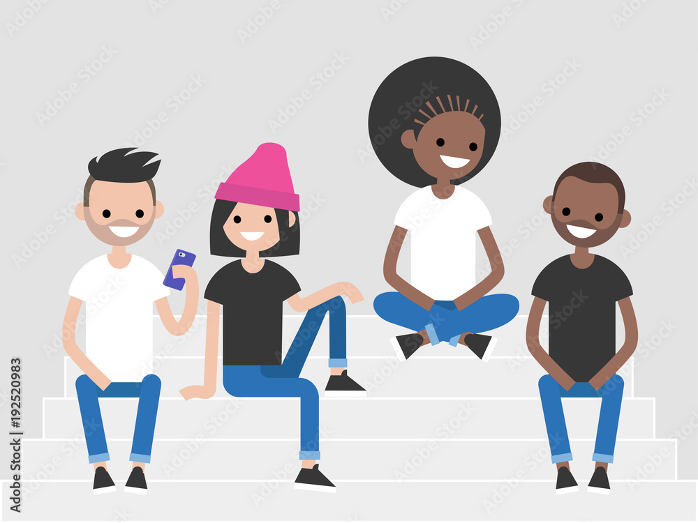 A multicultural group of millennials sitting on the stairs. Generation ...