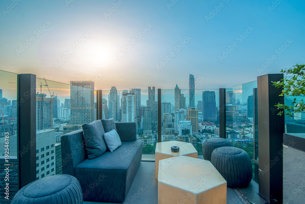 Poster Bangkok city view point from rooftop of building, blue sky and ...