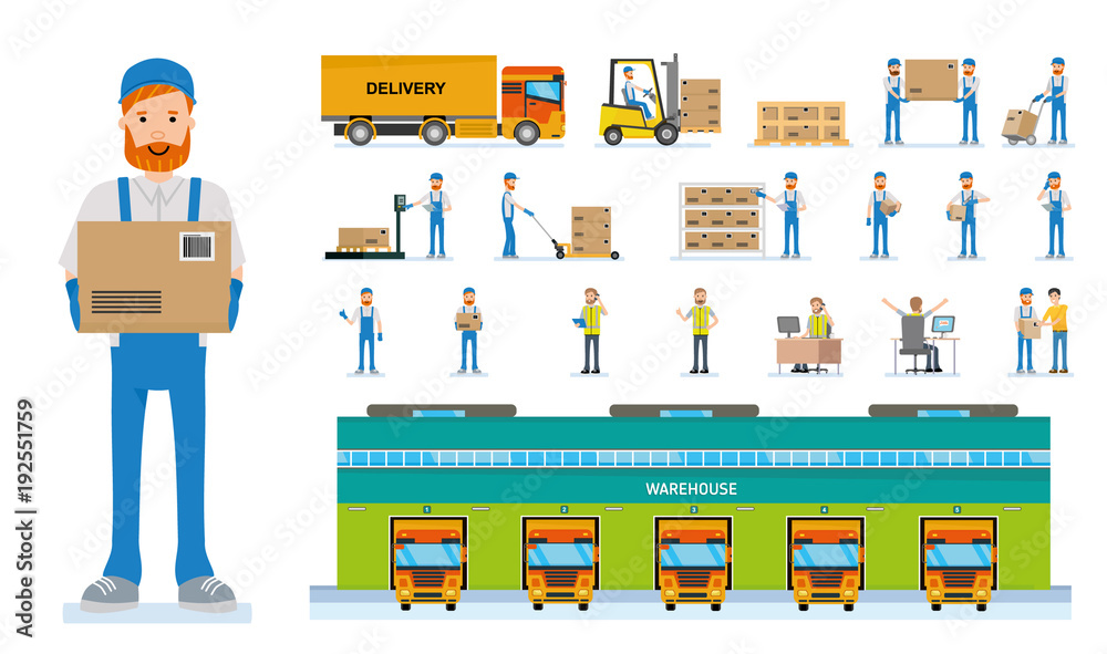 Warehouse workers cartoon vector characters. Set of various poses and ...