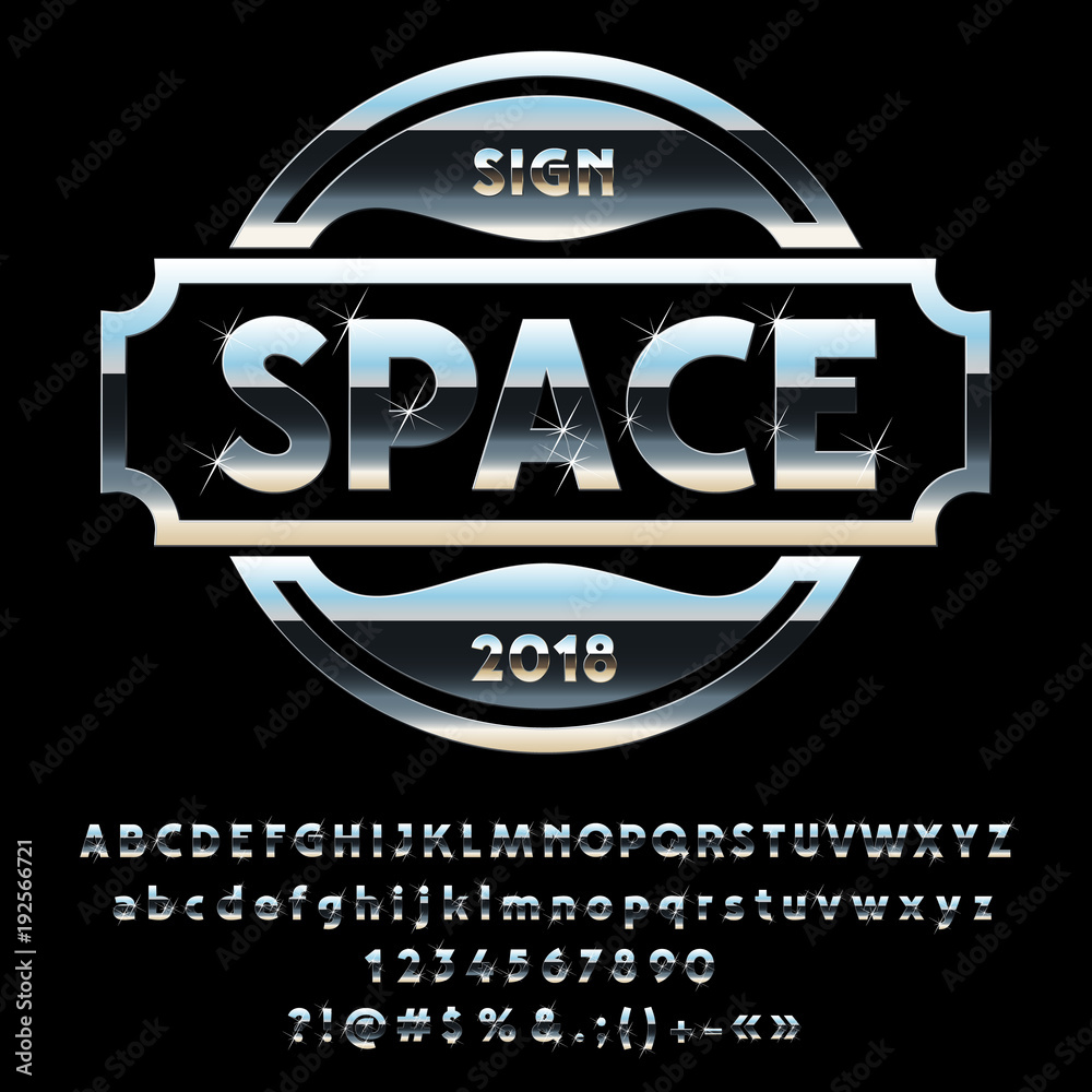 Vector Metallic Silver Logotype Space with sparkling stars. Set of ...