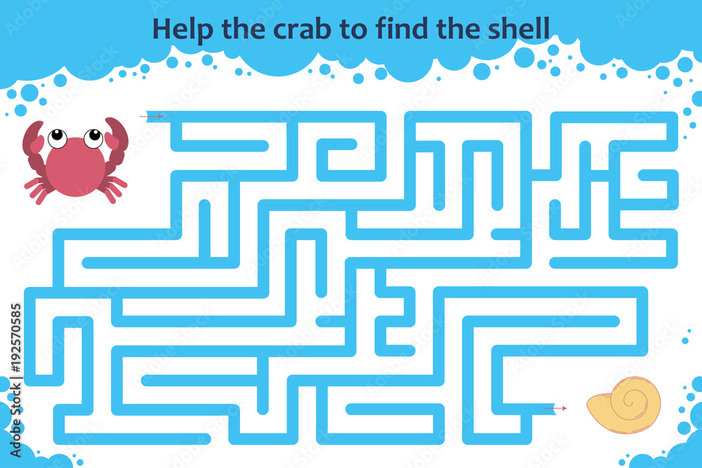 Vector maze game. Help the crab to find the shell. Children educational ...
