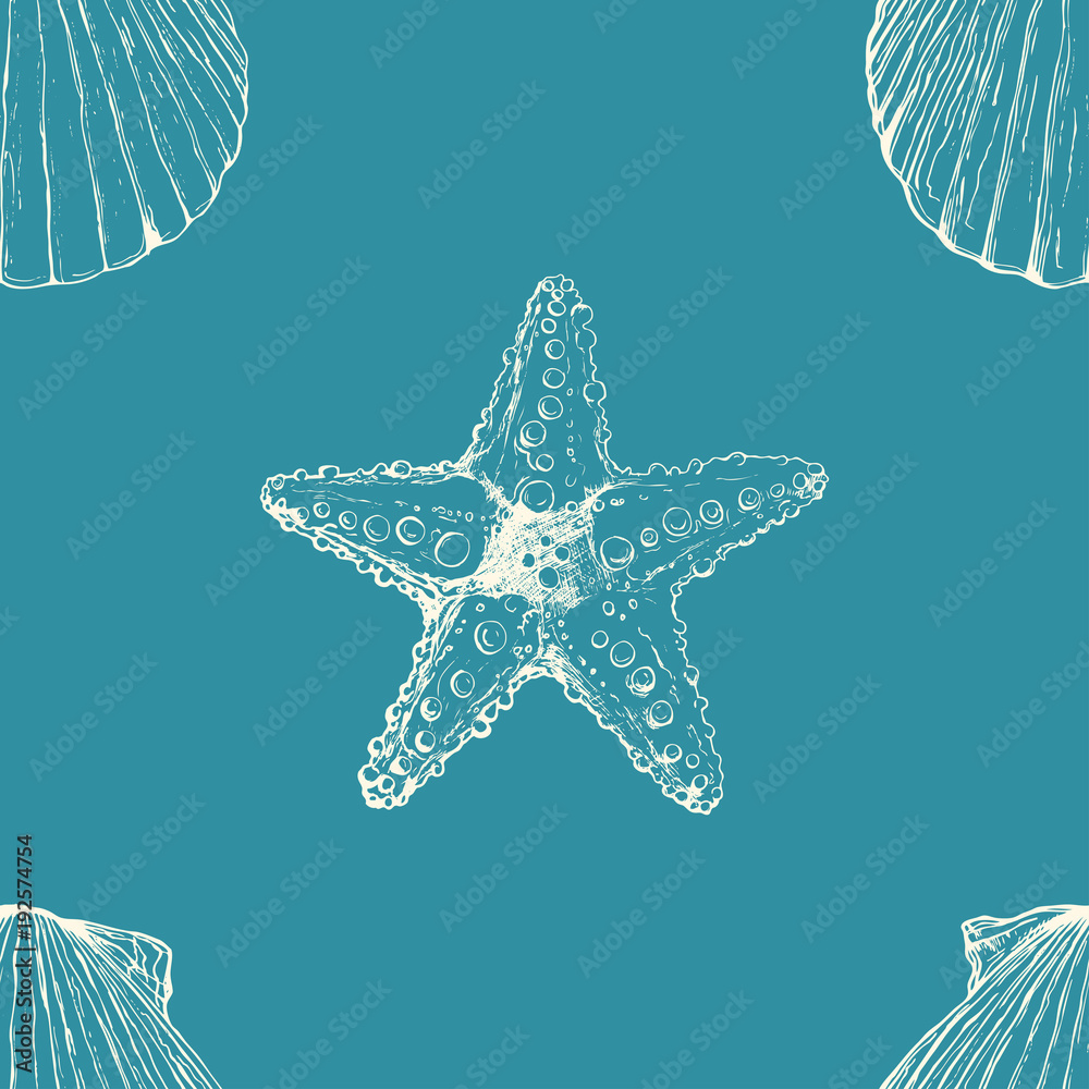 Marine seamless texture. Sea life. Hand drawn illustration. Scallop ...