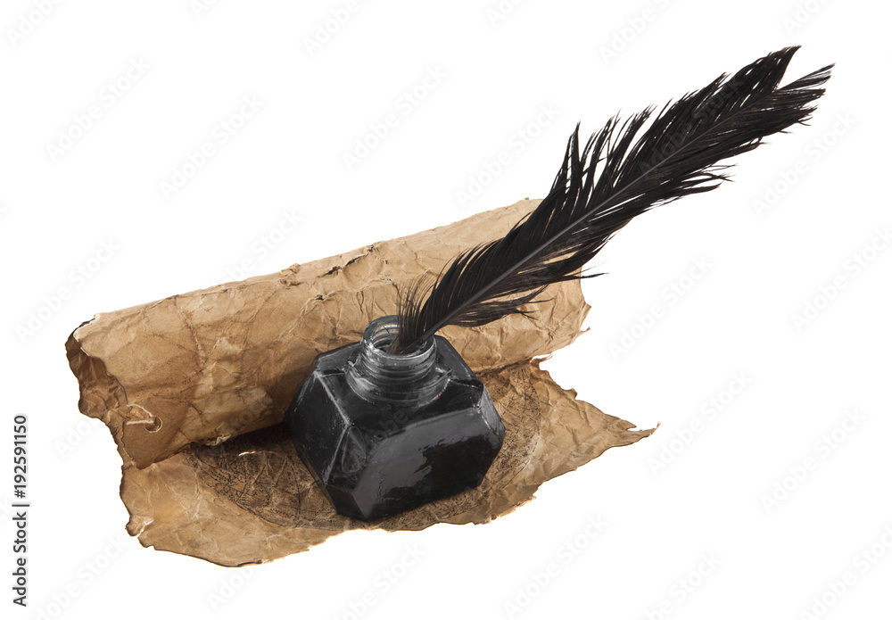 old paper and inkwell with pen isolated on white background closeup ...
