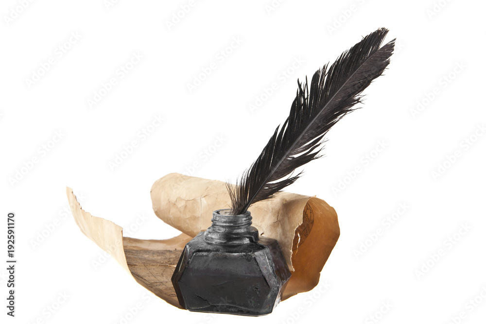 old paper and inkwell with pen isolated on white background closeup ...