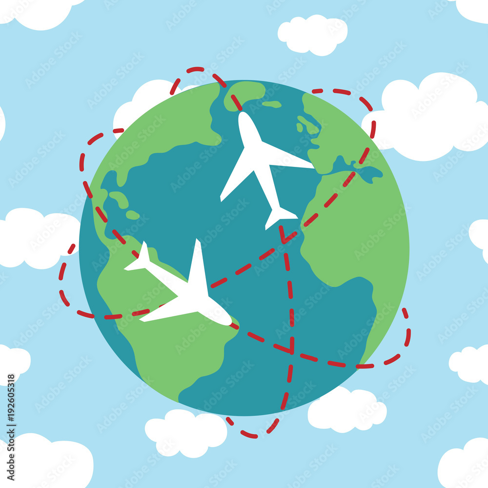 planet Earth airplane route path globe on the blue sky with clouds ...