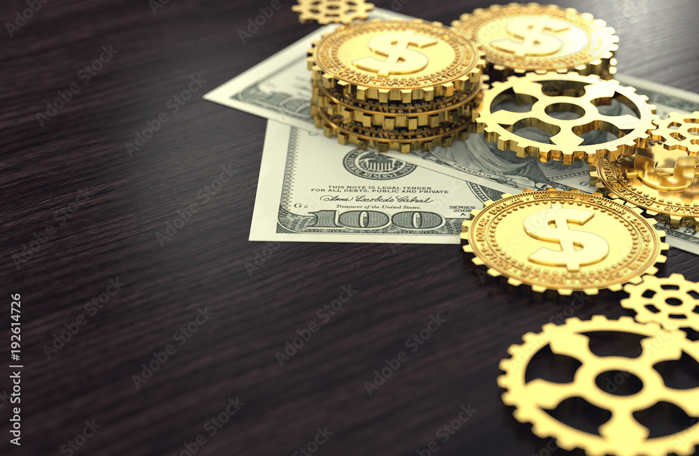 Dollar coins in the guise of cog as a part of bigger machine laying on ...